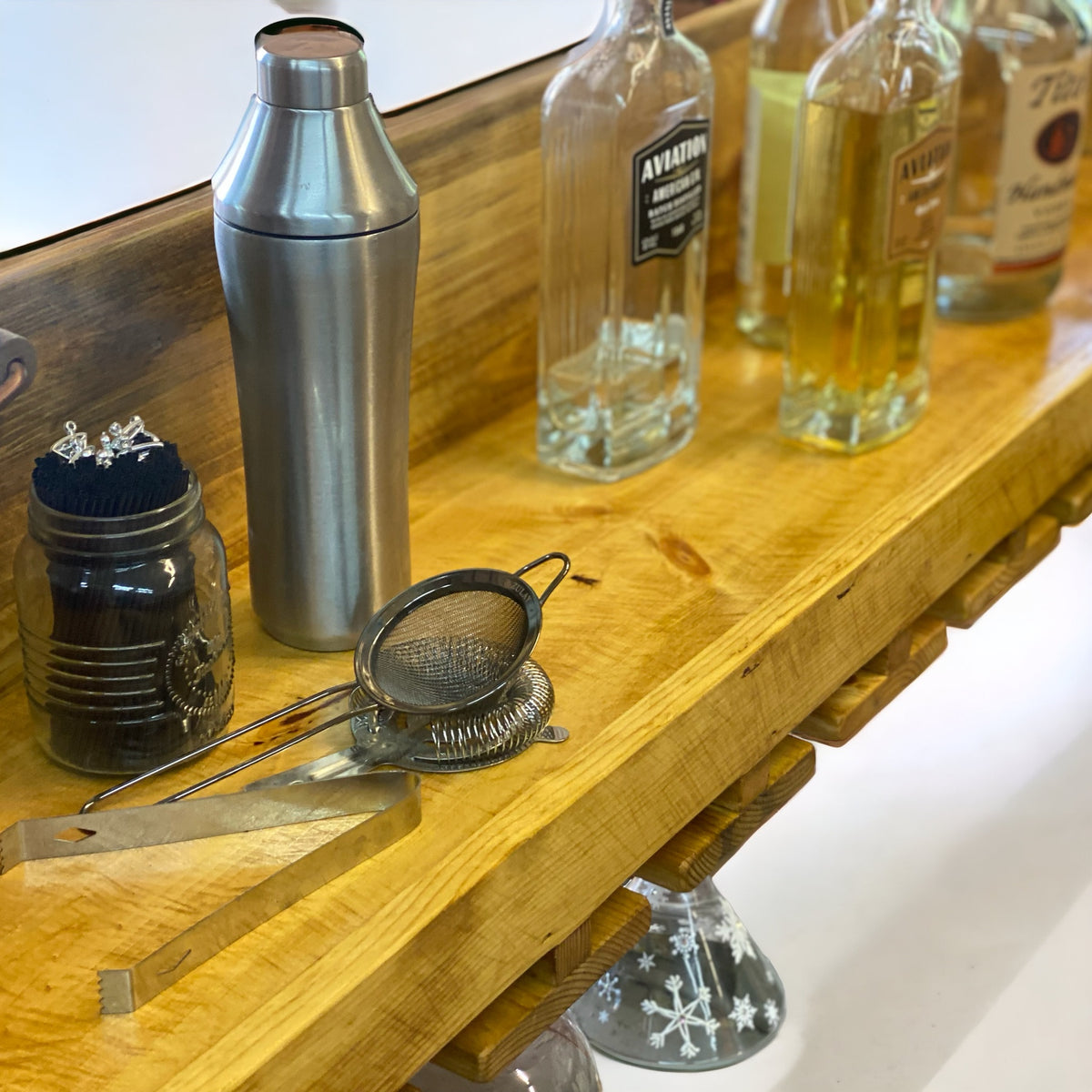 Rustic Floating Bar Shelf w/Martini / Margarita Glass Rack – Rustic ...