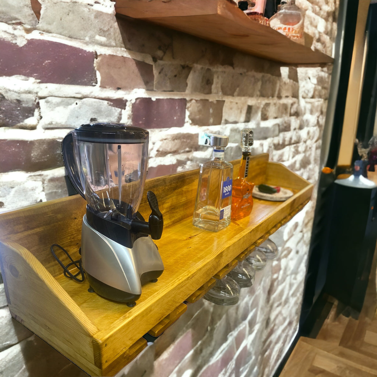 Rustic Floating Bar Shelf w/Martini / Margarita Glass Rack – Rustic ...